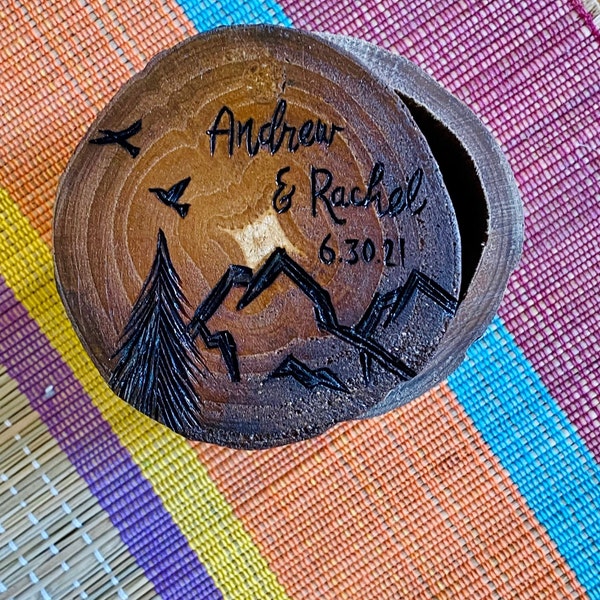 Personalized Wooden Wedding Ring Box - Mountain Pine Tree Birds Rustic ...