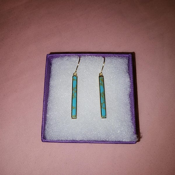 Turquoise Bar Earrings Gold Turquoise Pendant Earrings Vertical Bar ...