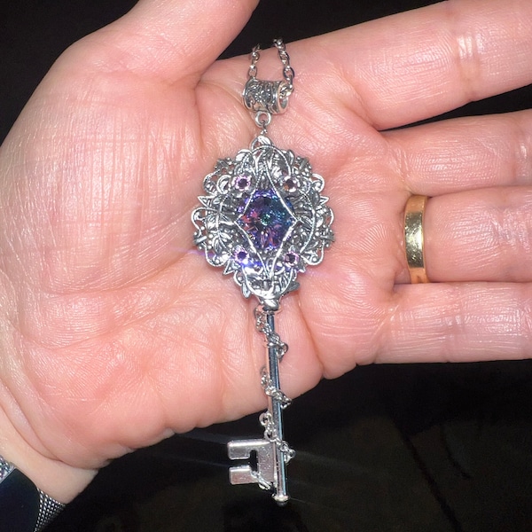 Sterling Silver Elven Key Necklace: Swarovski Crystal Floral Fantasy ...