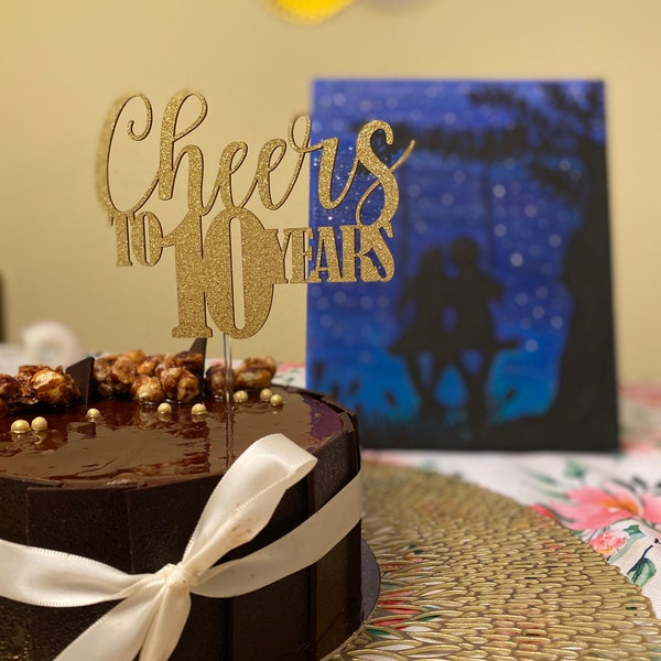 Cheers to 10 Years Cake Topper, 10th Anniversary Cake Topper, Glitter ...