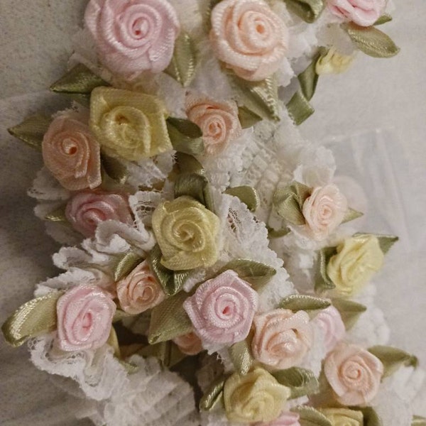 2 Yards Woven Rococo Ribbon Trim With Rose Flower Budsdecorative Floral ...