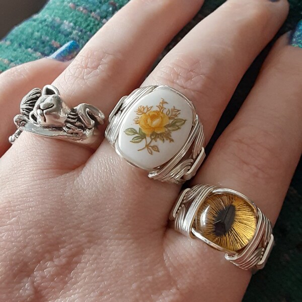 Yellow Glass Cat Eye Eyeball Sterling Silver Wire Wrapped Ring - Made ...