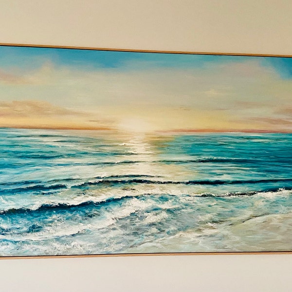 Framed Blue Ocean Wall Art Large Textured Whie Wave Painting Acrylic ...
