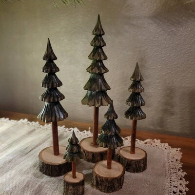 Set of Five Green Pine Trees, Handmade Wooden Christmas Trees, Wooden ...