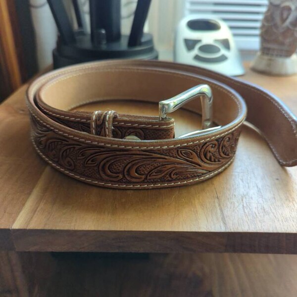 Tooled Western Floral Engraved Leather Belt 100% Genuine Full Grain ...