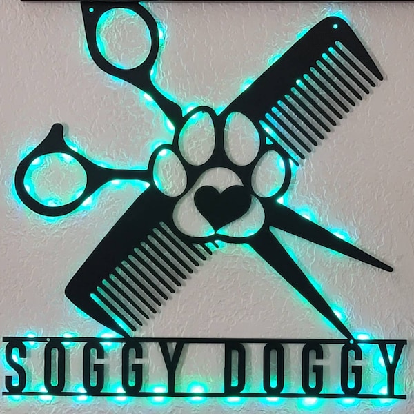 Custom Dog Grooming Hair Salon Metal Wall Art LED Light Personalized ...