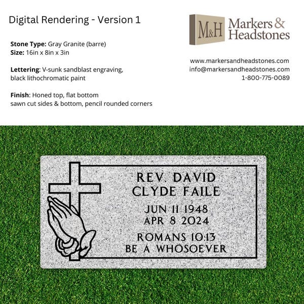 Grave Marker Headstone - Personalized, Engraved, Tombstone, Granite Headstone - 16x8x3 or ...