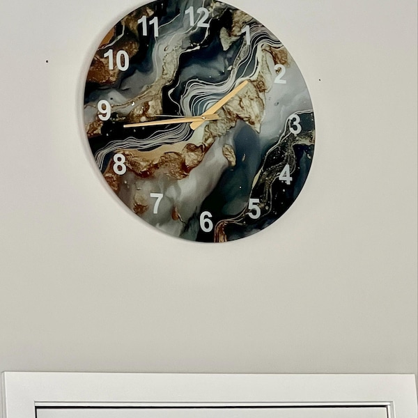 Glass Abstract Wall Clock Wall Art, Modern Marbled Style Tempered Glass ...