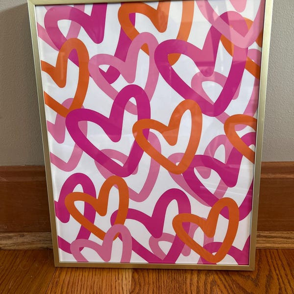 Trendy Preppy Pink Orange Hearts Printable Poster, Graffiti Hearts Wall ...
