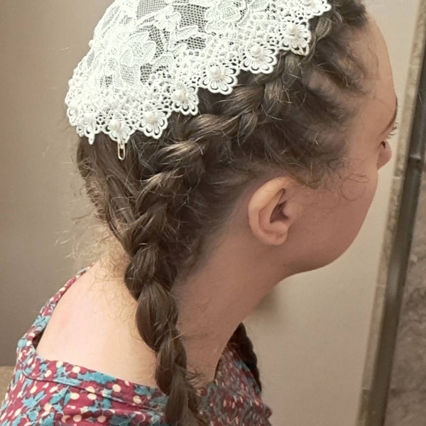 Handmade Tan Lace Doily Head Cover With Gold Sequins Trim Hair Cover ...