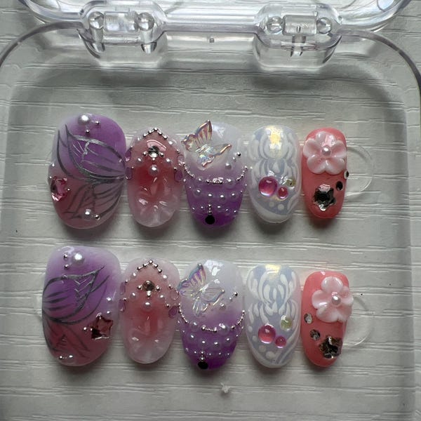 Weding Nails,custom Hand Painted Acrylic Nails, Diamond Butterfly Nails ...