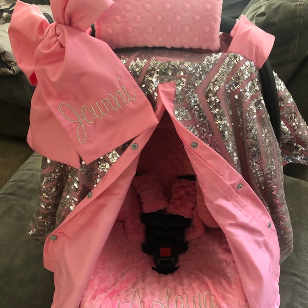 Sequin Carseat Canopy/car Seat Cover/silver Geometric Sequin With Rose ...