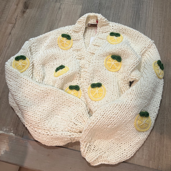 Lemon Slice Embroidery Woman Trendy Cardigan,cotton or Acrylic Oversize ...
