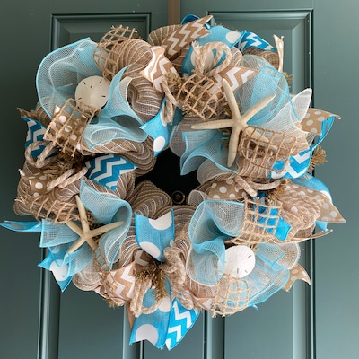 Beach Wreath, Burlap Deco Mesh Wreath With Seashells, Nautical Wreath ...