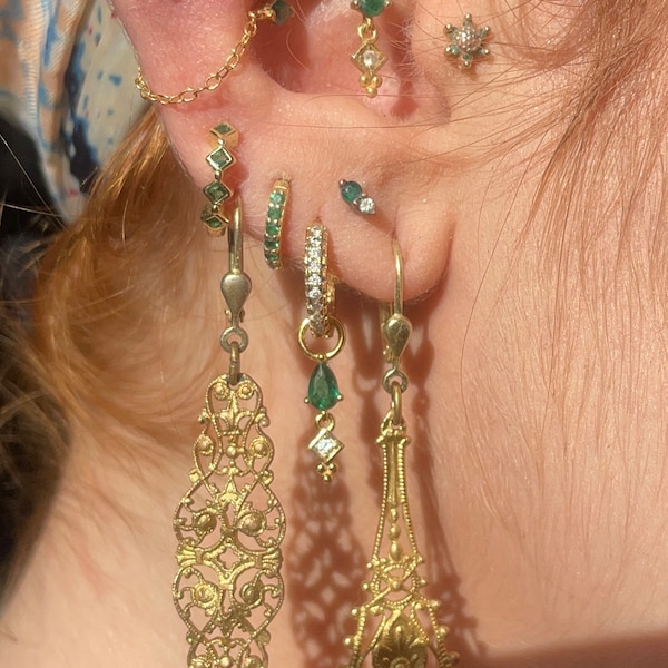 16g 18g 6mm 8mm Dainty Rook Emerald Dangle Hoop Charm, Sterling Silver ...