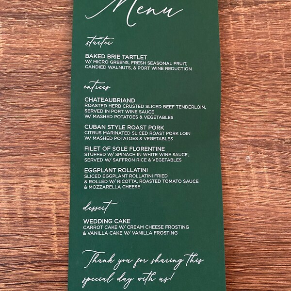 Wedding Dinner Menu Cards - Hunter Green Printed White Ink Wedding ...