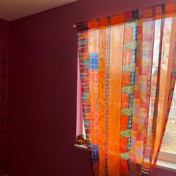Orange Saree Curtains Upcycled Handmade Saree Curtains With Saree ...