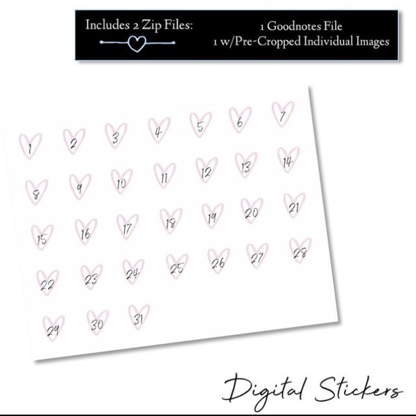 Digital Stickers | Pink Heart Number Stickers for Digital Planners - Etsy