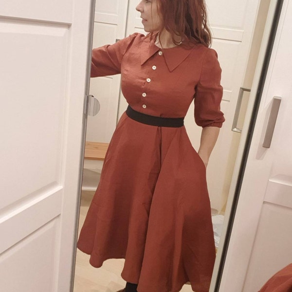 GRACE Close Fitting Linen Dress With 3/4 Sleeves, Midi Dress, Casual ...