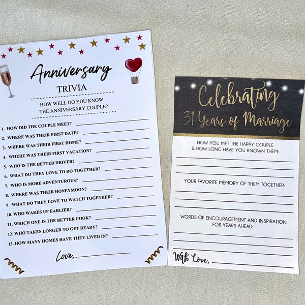 Anniversary Trivia. Party Keepsake Game. Anniversary Party Game ...