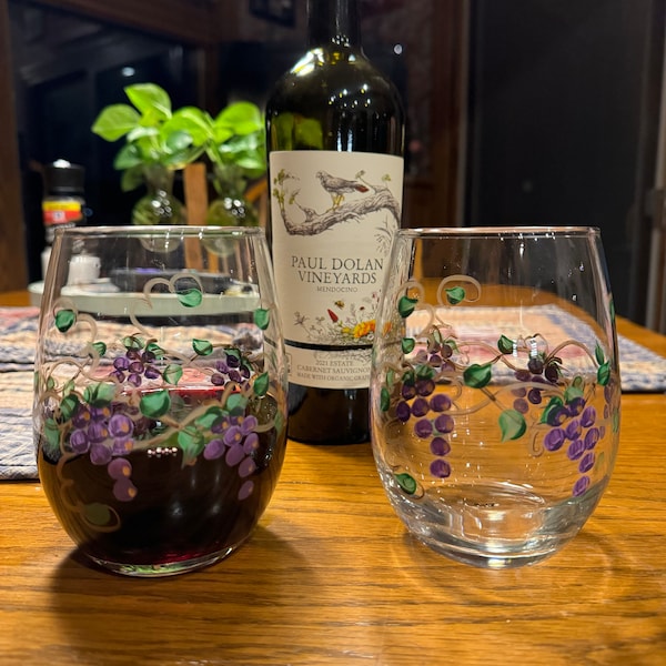 Wine Glasses With Hand Painted Grapes - Set of Two Large Stemless ...