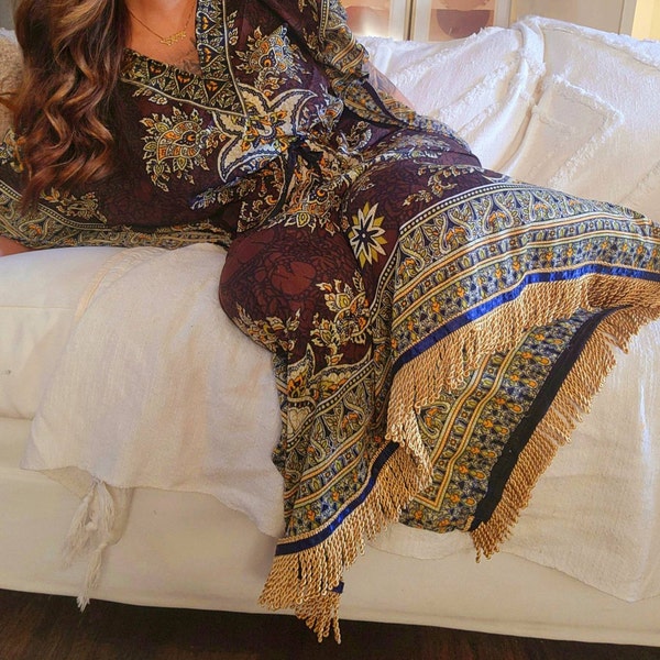 Hebrew Israelite Women's Brown & Gold Kaftan Dress, With Gold Fringes ...