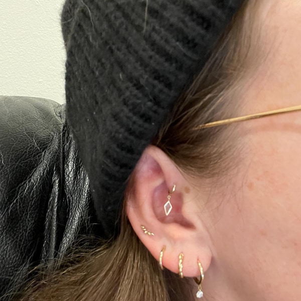 14K Solid Gold Dangle Charm Hoop Earring Dainty Drop Earring Dangle ...