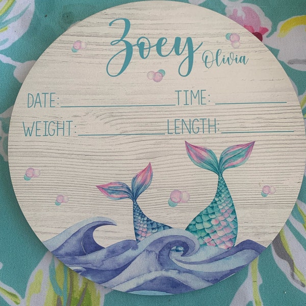Mermaid Tail Birth Stat Sign, Mermaid Baby Sign, Round Wood Birth Stat ...