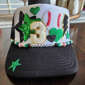 YOUTH Trucker Hat With Chenille Monogram, Smiley & Lightning Bolt With Custom Pearl Chain Snap ...