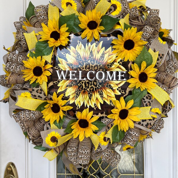 Leopard Welcome Sunflower Wreath Sign, Metal Wreath Sign, Signs for ...