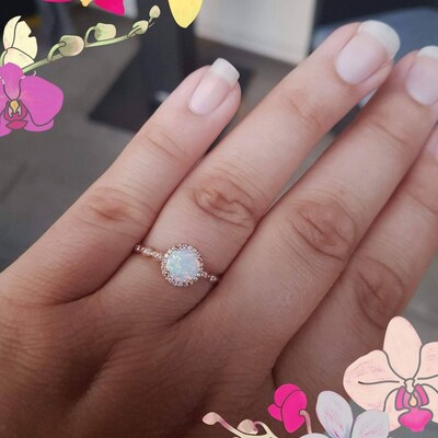 Round Cut Galaxy White Opal Engagement Ring Rose Gold Vintage Fire Opal ...