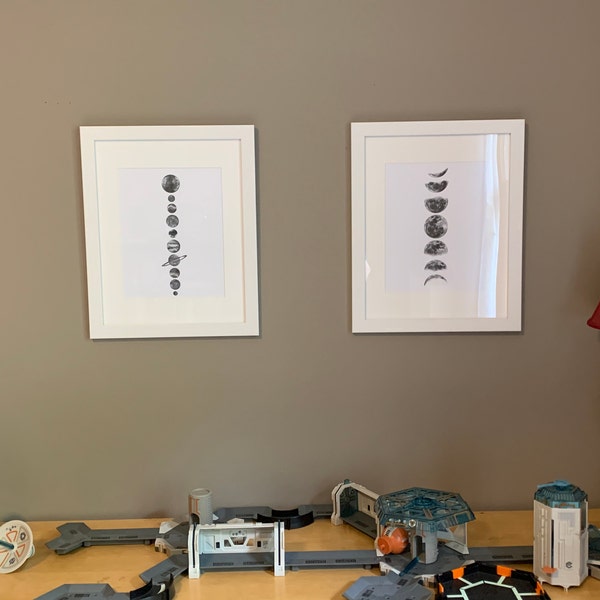 Moon Phases + Solar System Minimalistic Black and White Wall Art Poster ...
