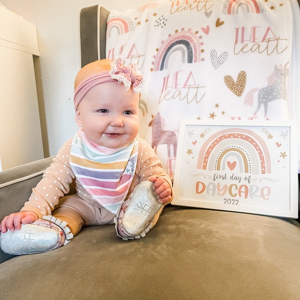 Boho Rainbow First Day of Daycare Sign Printable, Girl Back to School ...