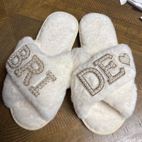 Bride Pearl Fluffy Slippers Personalized Slippers Wedding Day ...