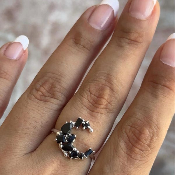 Black Onyx Moon Ring | Sterling Silver Boho Gemstone Ring for Women ...