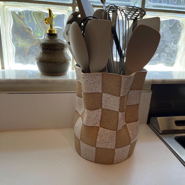 Ceramic Checkered Container / Ceramic Checker Wide Vase With Speckled ...