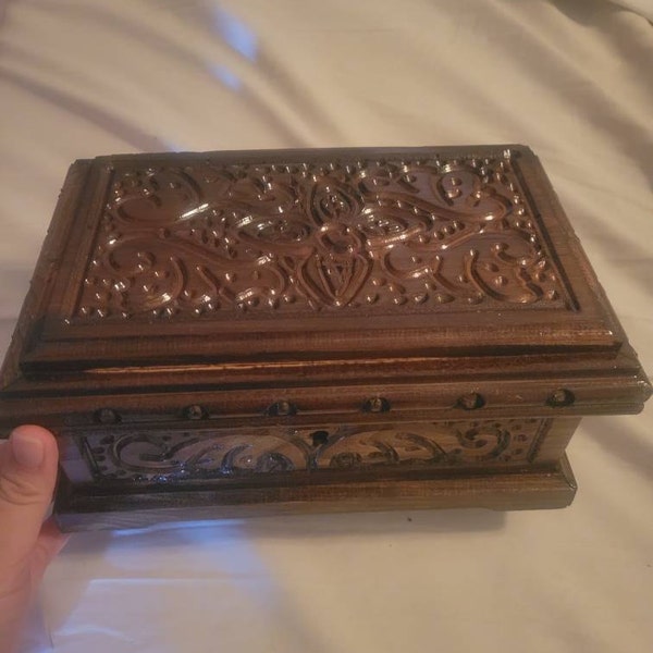 Hand Carved Flower Design Wooden Box With Secret Lock, Vintage Jewelry ...