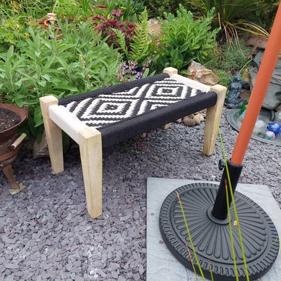 Charpoy 190 X 90 Cm, Black and White Woven Cotton Rope, Light Wood ...