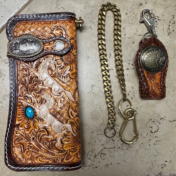 Carved Leather Biker Wallet Chain Eagle Carved Wallet Bifold Western ...