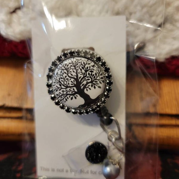 Tree of Life Badge Reel, Black Rhinestone Lanyard, Stethoscope Id Tag ...