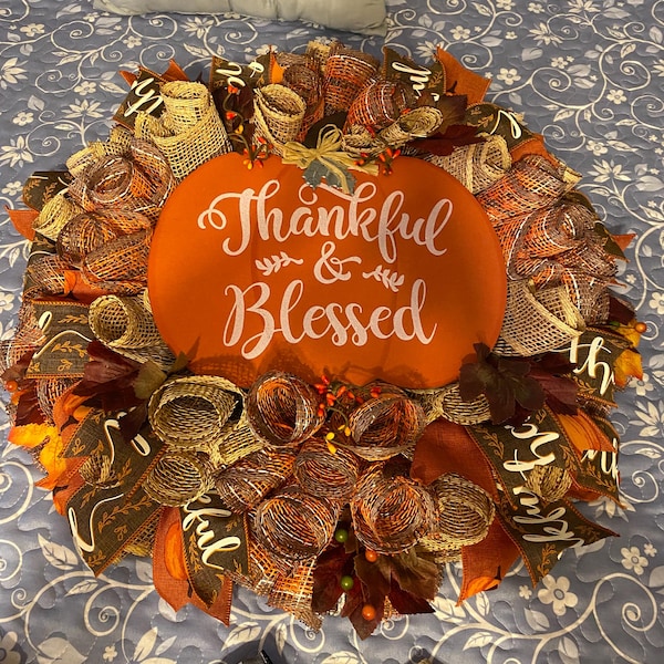 Fall Wreath, Thankful & Blessed Wreath, Pumpkin Wreath, Autumn Wreath ...