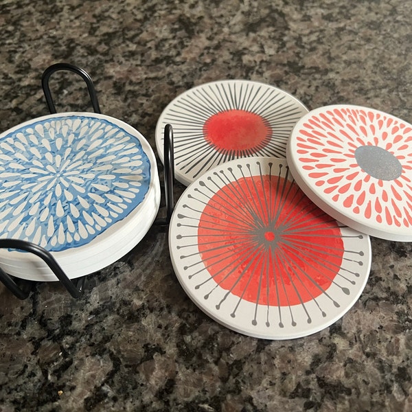 Set of 6 Drink Coasters Absorbing Round Ceramic Stone Coaster With Cork ...