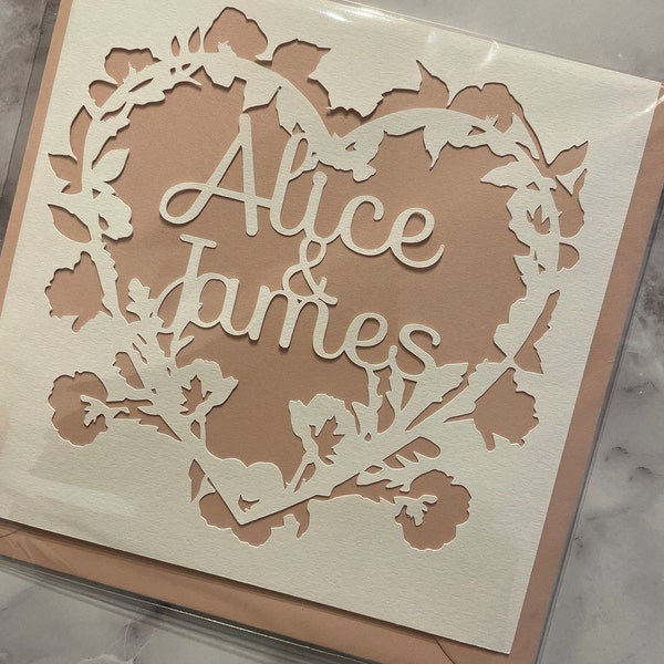 Floral Love Heart Personalised Card, Papercut Card, Personalised Names ...