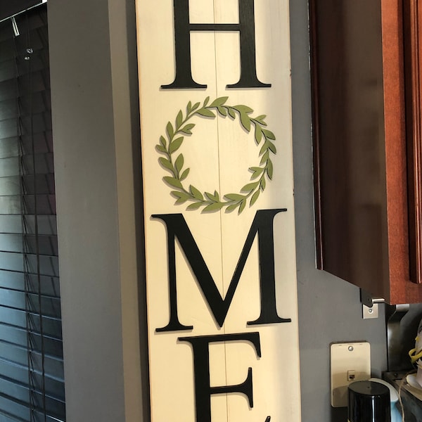 Vertical HOME Sign, Boxwood Wreath Sign, Shiplap Sign, Home Sign With ...