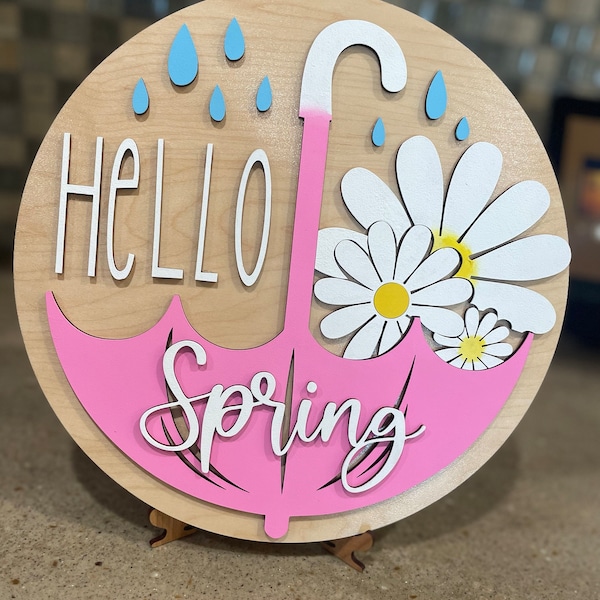Round Sign / Door Hanger Hello Spring With Dasies and Umbrella Svg Cut ...