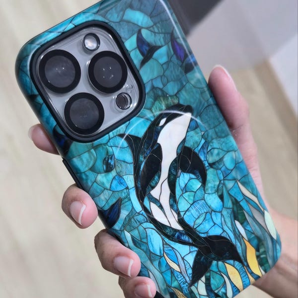 Majestic Orca Stained Glass Aesthetic Whale Phone Case for iPhone 17 16 ...