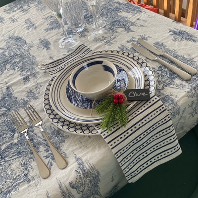 Italian Washed Cotton Blue Toile Christmas Tablecloth Coastal Grandma ...
