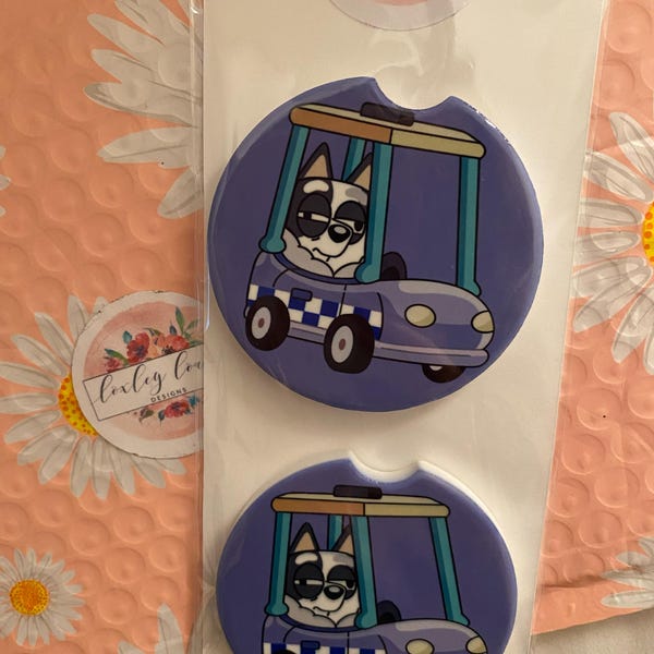 Bluey Rad Dad and Rad Mom Car Coasters, Set of 2, Chilli and Bandit ...