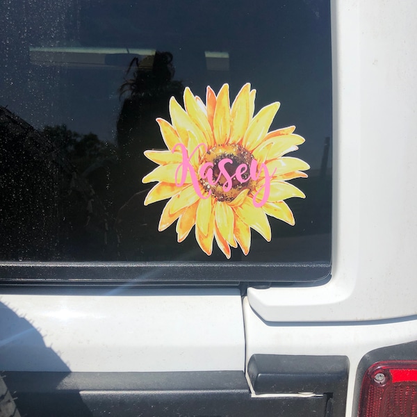 Sunflower Monogram Sticker | Vinyl Name Decal | Watercolor Floral Name ...