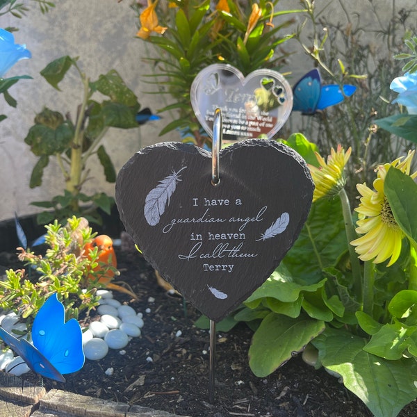 Personalised Grave Stick Feather Guardian Angel in Heaven Slate Plaque ...